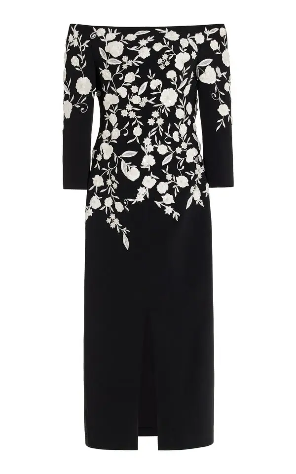 Carolina Herrera Embroidered Off-the-shoulder Cady Sheath Dress - Black