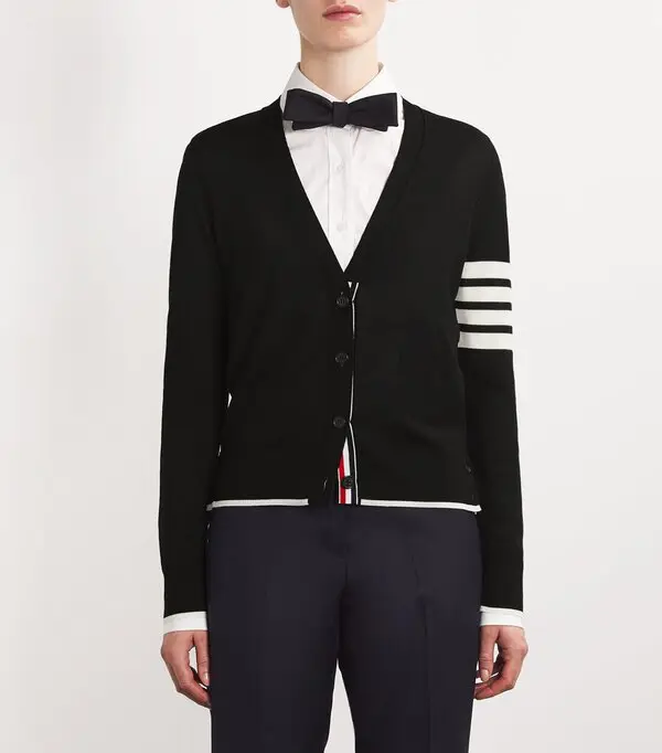 Thom Browne Virgin Wool Cardigan With Signature Stripes - Black