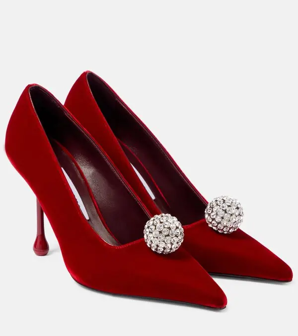 JIMMY CHOO Embellished Velvet Pointed Toe Heels - Red