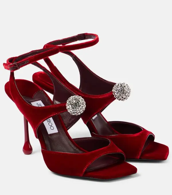JIMMY CHOO Orb 95 Embellished Velvet Sandals - Red