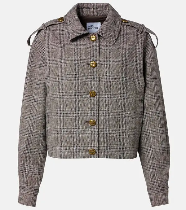 SELF-PORTRAIT Checked Cotton And Linen Jacket - Brown