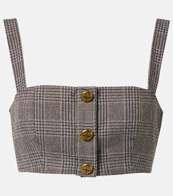 SELF-PORTRAIT Checked Cotton And Linen Bra Top - Brown