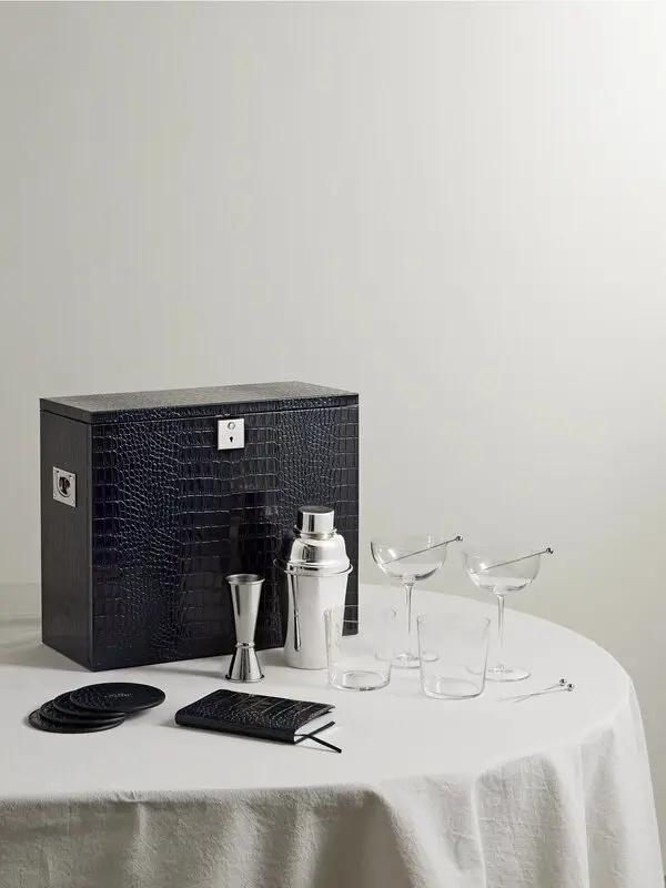 Smythson Mara Croc-effect Leather Bar Set - Silver