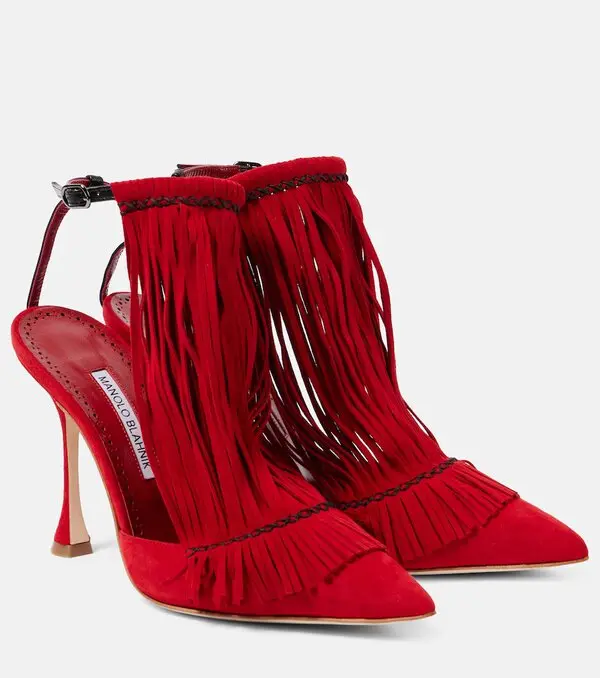 Manolo Blahnik Fiki 105 Suede Pumps With Fringe Detailing - Red