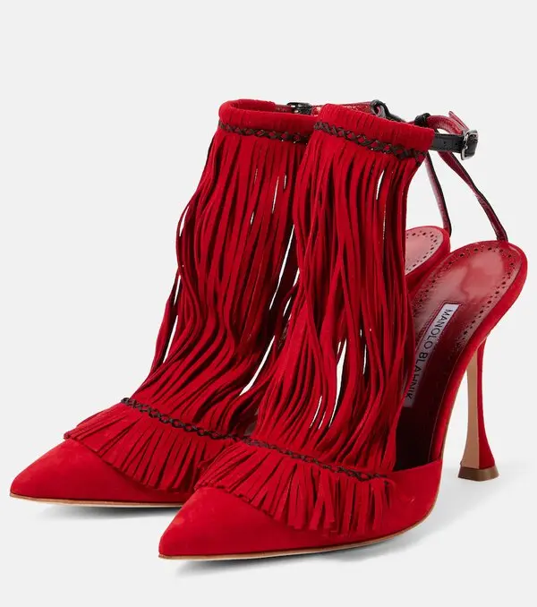 Manolo Blahnik Fiki 105 Suede Pumps With Fringe Detailing