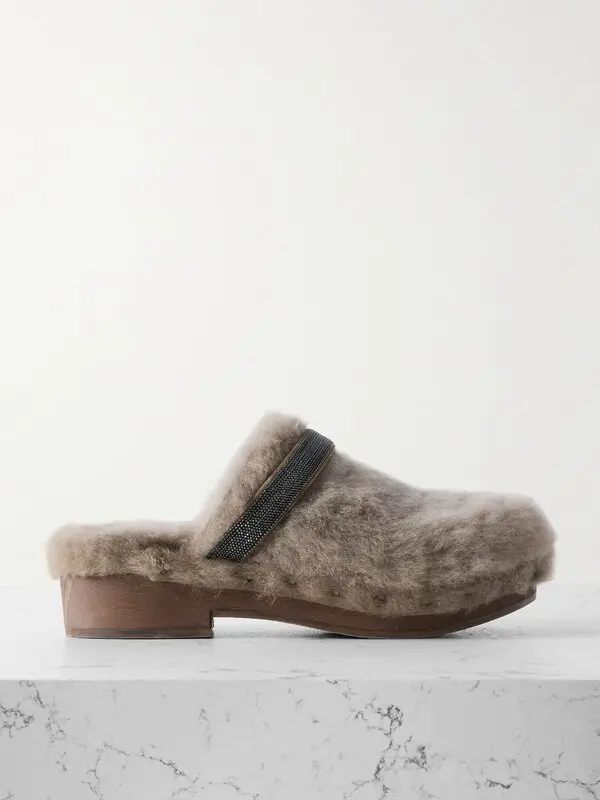 Brunello Cucinelli Embellished Shearling Platform Clogs