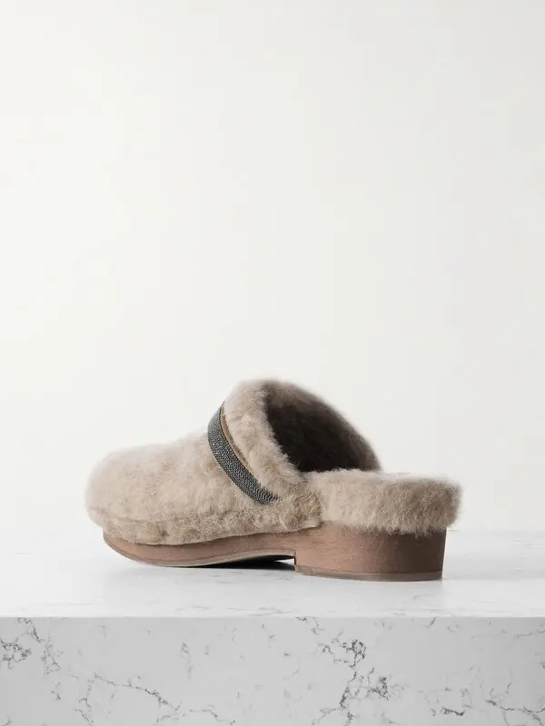 Brunello Cucinelli Embellished Shearling Platform Clogs