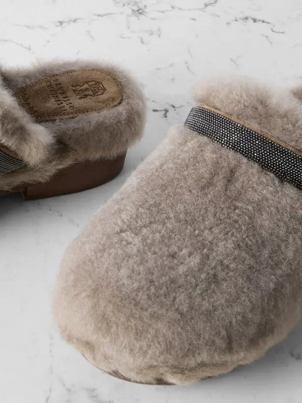 Brunello Cucinelli Embellished Shearling Platform Clogs