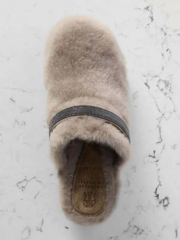 Brunello Cucinelli Embellished Shearling Platform Clogs