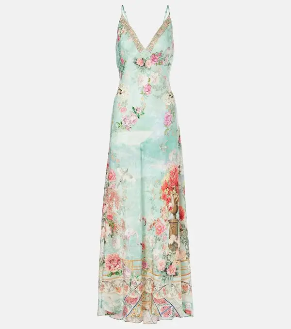 Camilla Printed Ruffled Satin Slip Dress - Multicoloured