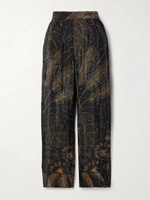 Farm Rio Embellished Printed Crepe De Chine Straight-leg Trousers - Black