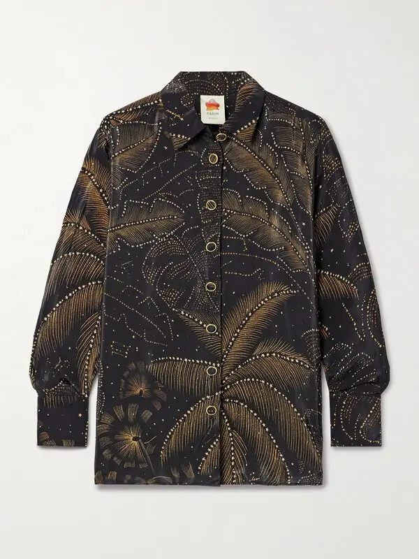 Farm Rio Golden Foliage Crystal-embellished Crepe De Chine Shirt - Black