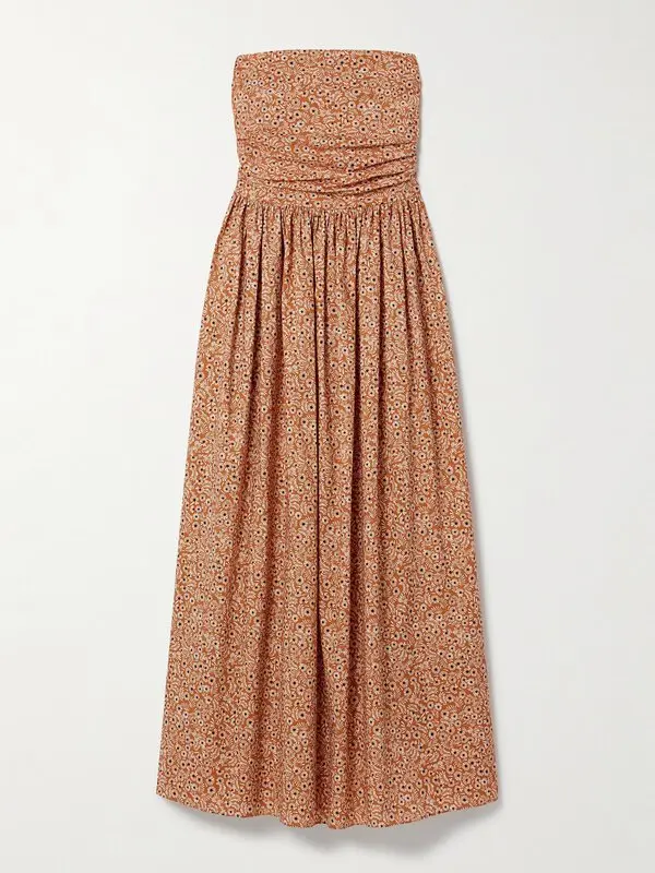 Matteau Strapless Gathered Floral-print Organic Cotton Midi Dress - Orange