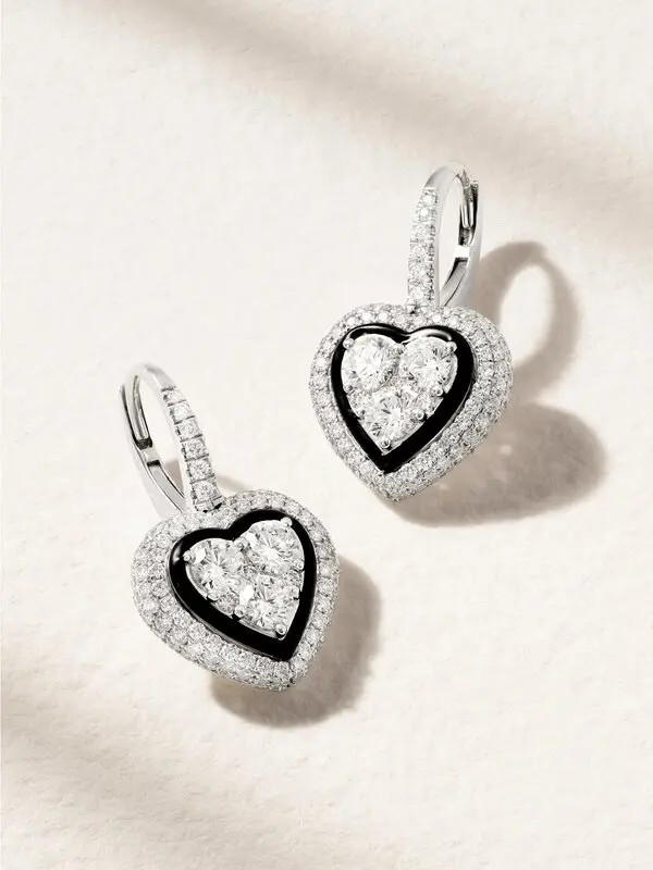 KAMYEN 18 Karat White Gold, Diamond And Enamel Heart Hoop Earrings - Silver