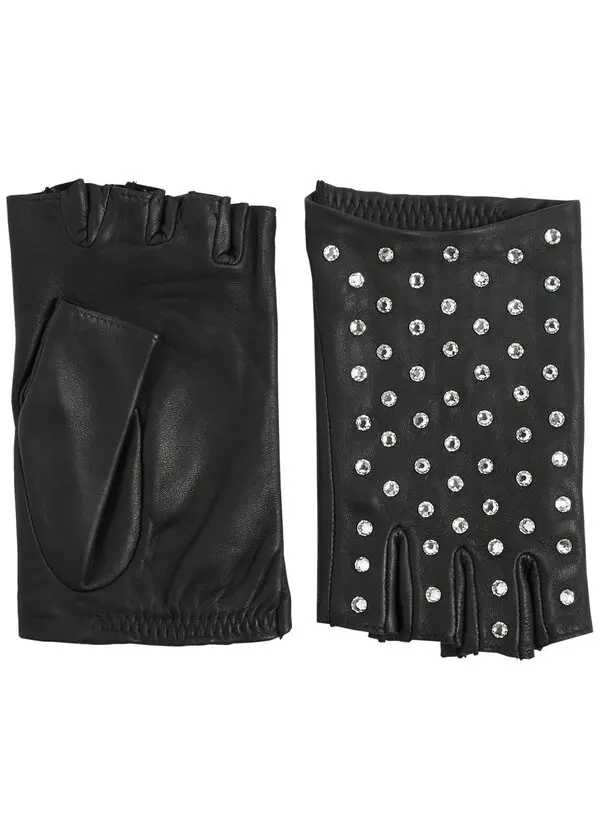 AGNELLE Embellished Leather Fingerless Gloves - Black