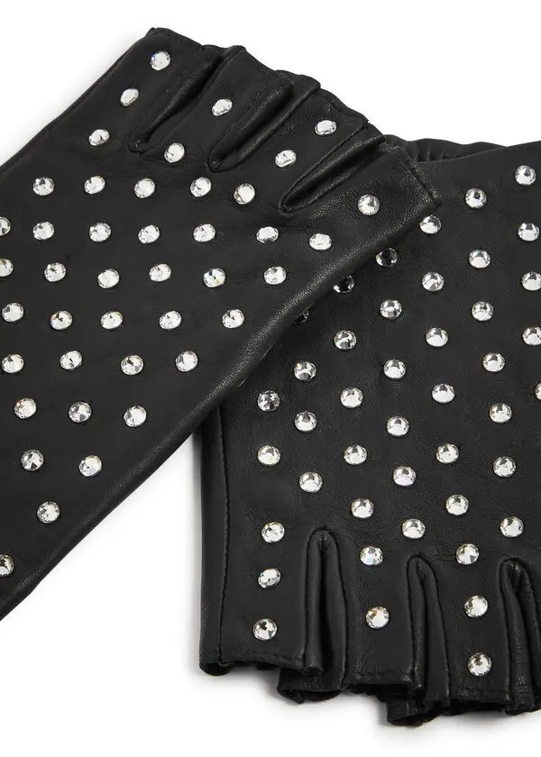 AGNELLE Embellished Leather Fingerless Gloves