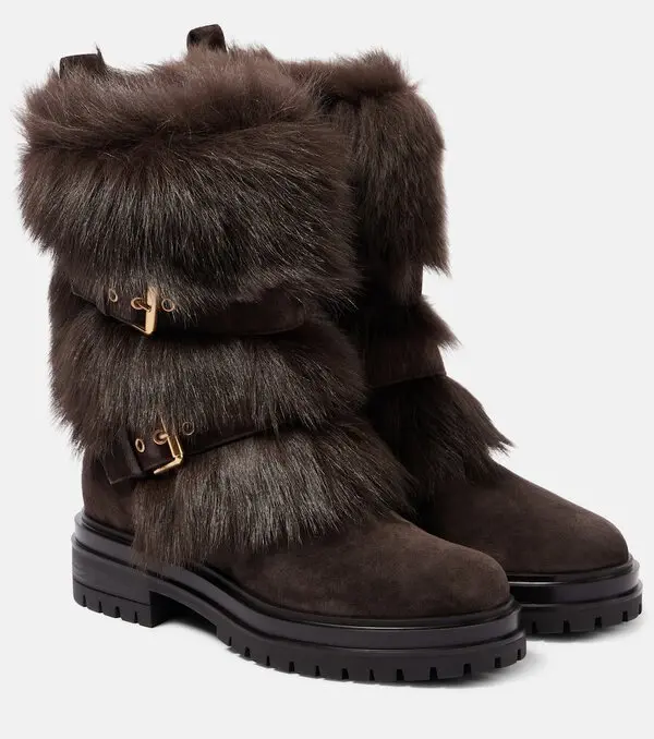 GIANVITO ROSSI Maverick Shearling-trimmed Suede Biker Boots - Brown