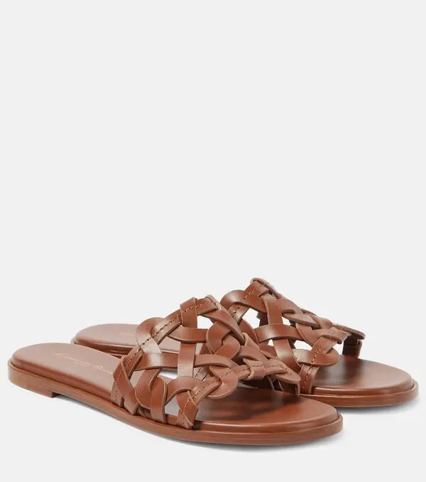 GIANVITO ROSSI Woven Leather Amalfi Slides - Brown