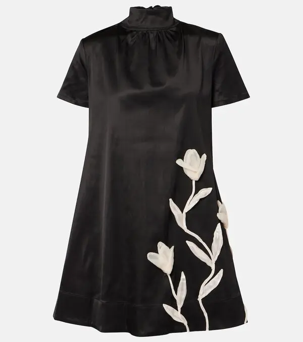Staud Floral-applique Satin Mini Dress - Black