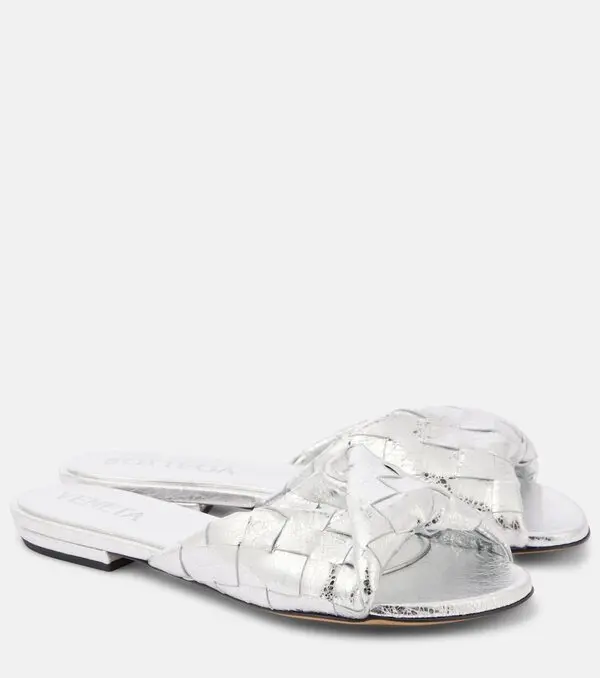 Bottega Veneta Blink Intrecciato Metallic Leather Mules - Silver