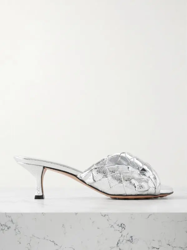 Bottega Veneta Blink Twisted Intrecciato Metallic Leather Mules - Silver