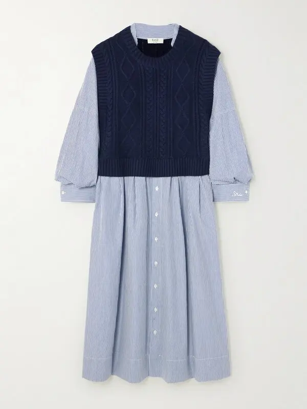 Sea Caleb Cable-knit Merino Wool And Striped Cotton-poplin Midi Dress - Blue