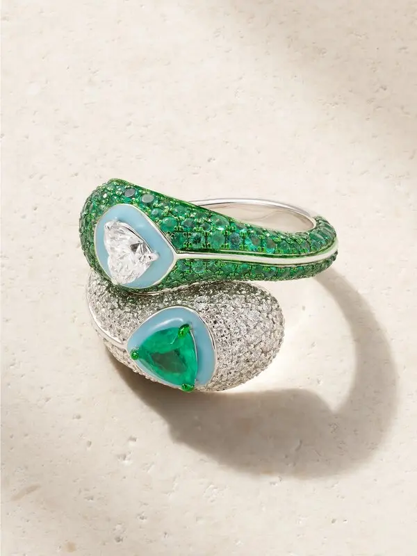 KAMYEN 18 Karat White Gold, Emerald, Diamond And Enamel Ring - Green