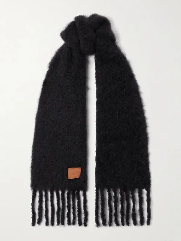 Loewe Fringed Appliquéd Leather-trimmed Brushed Mohair-blend Scarf - Black