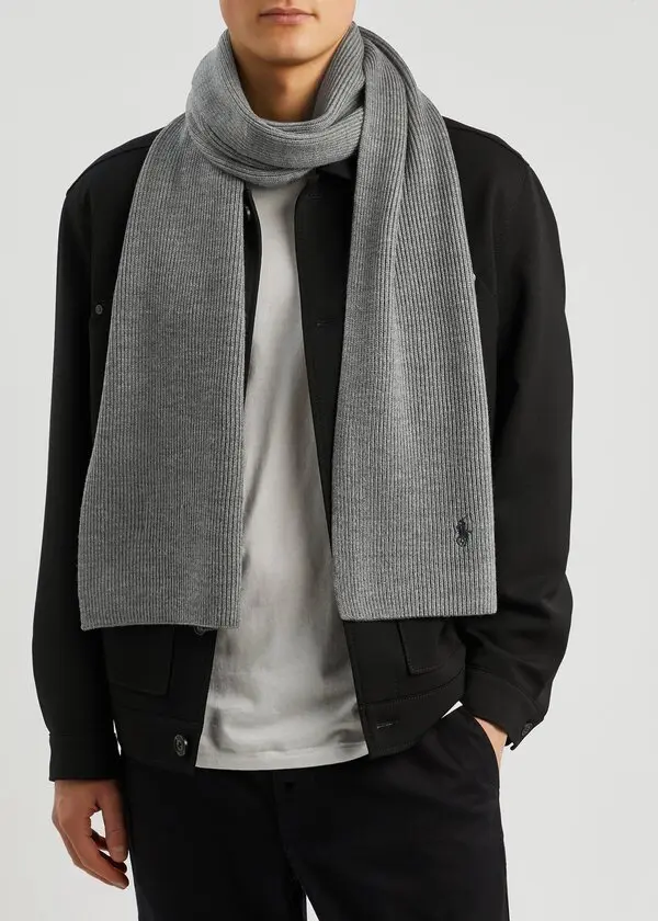 Polo Ralph Lauren Logo-embroidered Ribbed Wool Scarf - Grey