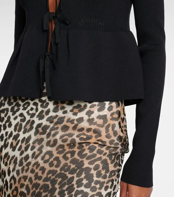 GANNI Ribbed-knit Peplum Top With Self-tie Closure
