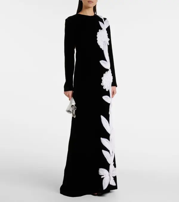 Costarellos Floral Appliqué Crepe Gown