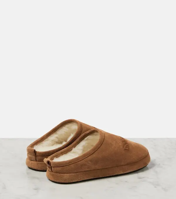 Balenciaga Suede Faux Fur Trimmed Slippers