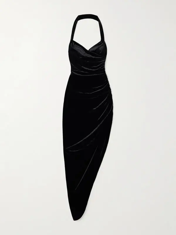 Norma Kamali Cayla Asymmetric Ruched Velvet Halterneck Gown - Black