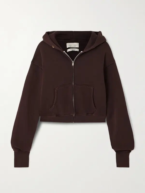 LES TIEN Cropped Cotton-jersey Hoodie - Brown