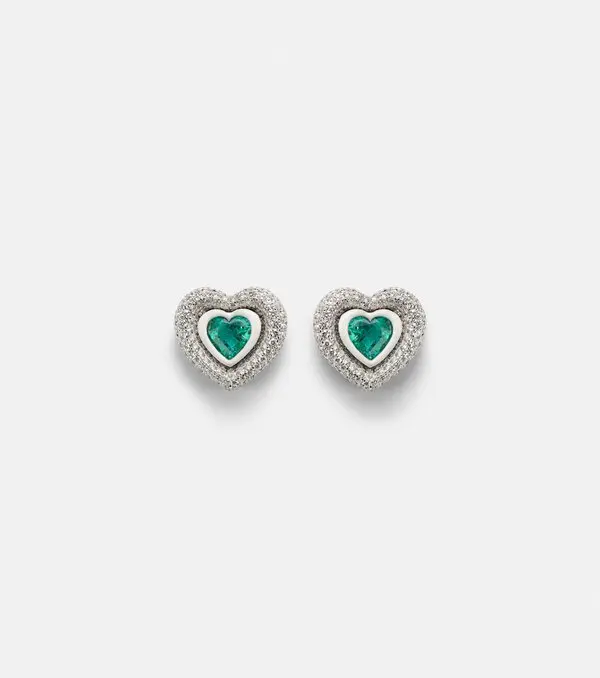 KAMYEN Heart 18kt White Gold Diamond And Emerald Earrings - Silver