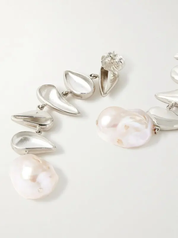 Agmes Long Flora Sterling Pearl Drop Earrings - Silver