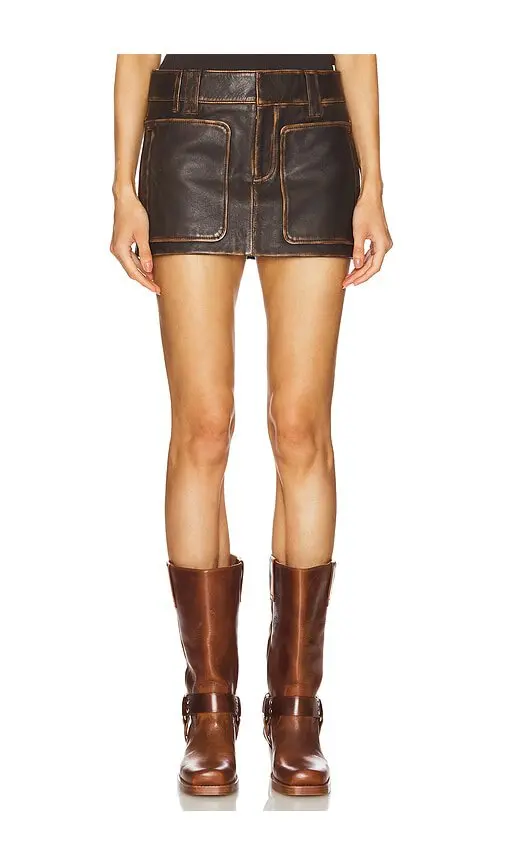 GRLFRND Patch Pocket Leather Mini Skirt - Brown