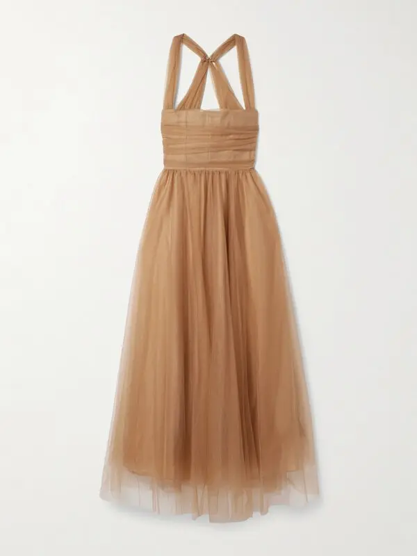 Staud Antonia Ruched Tulle Gown - Brown