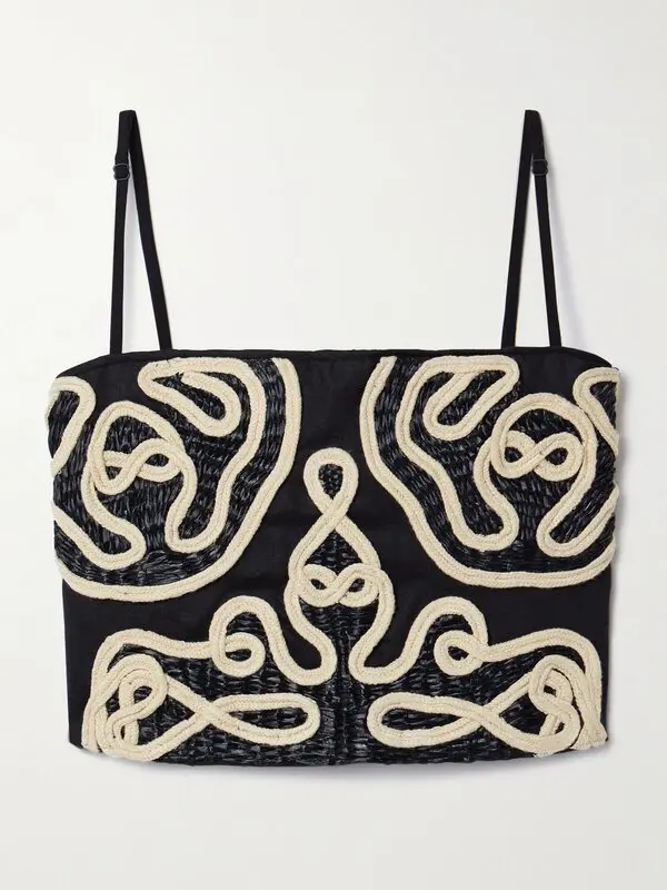 Johanna Ortiz Cropped Linen Top With Appliqué And Straw Trim - Black