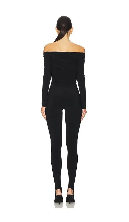 Norma Kamali Off-shoulder Sweetheart Catsuit With Footie