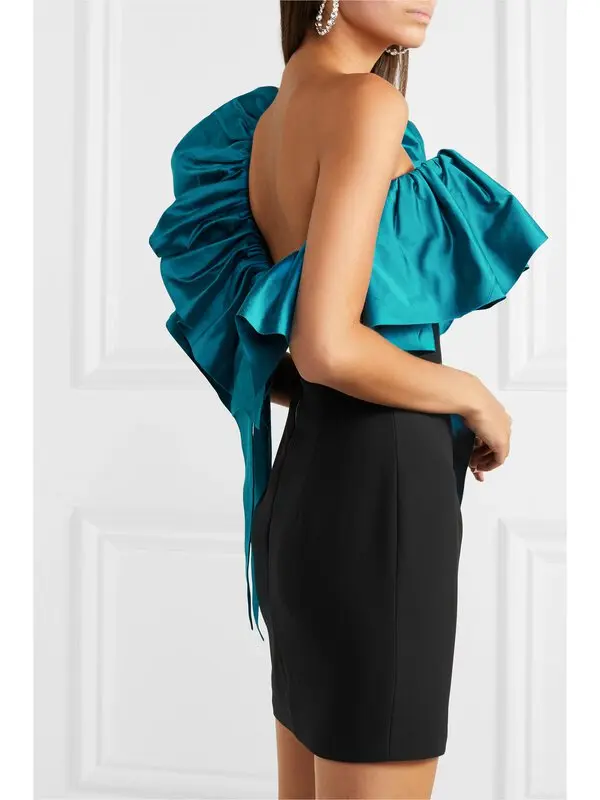 RASARIO One-shoulder Ruffled Shantung And Crepe Mini Dress