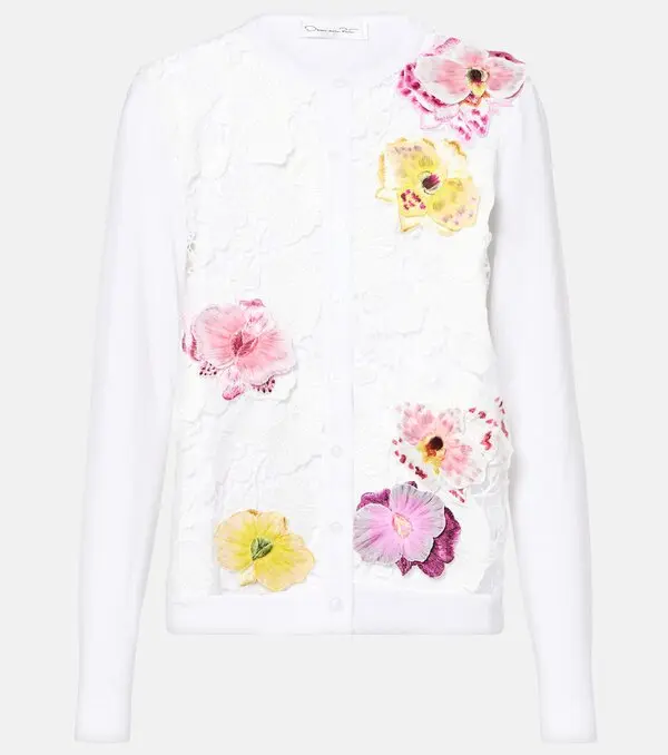 Oscar De La Renta Floral-applique Cotton-blend Cardigan - Multicoloured