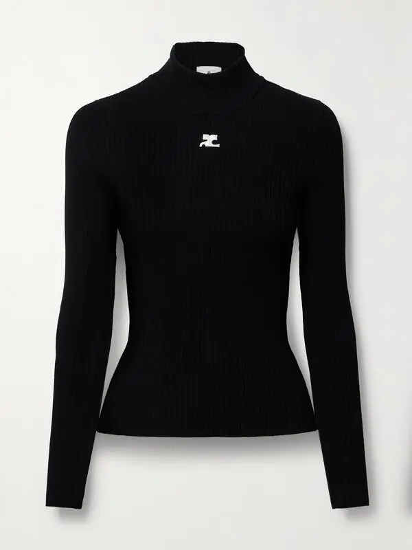 COURREGES Courrèges Redition Embroidered Ribbed-knit Turtleneck Sweater - Black