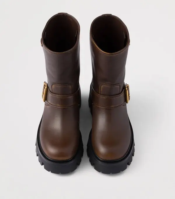 Prada Calfskin Leather Biker Boots - Brown