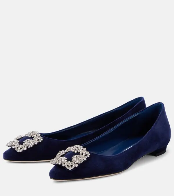 Manolo Blahnik Embellished Velvet Ballet Flats - Blue