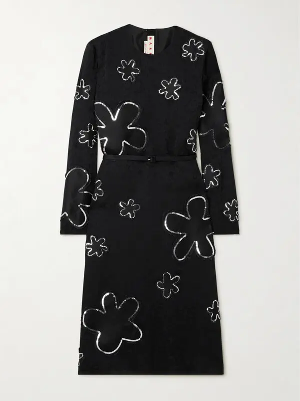 Marni Belted Sequin-embellished Floral Satin-jacquard Midi Dress - Black