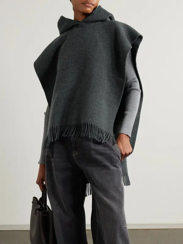 Brunello Cucinelli Hooded Fringed Wool And Cashmere-blend Felt Poncho - Gray