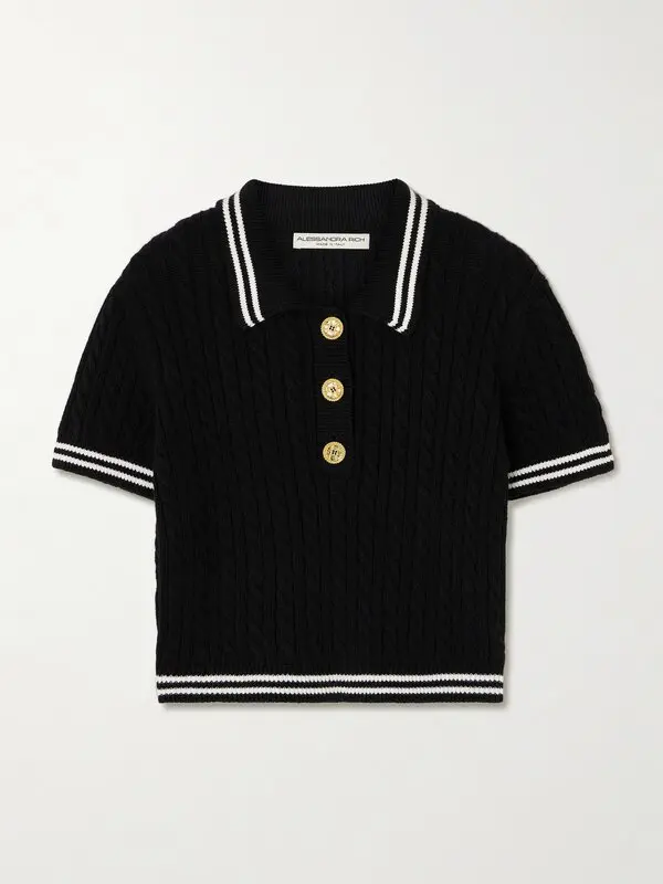 Alessandra Rich Cropped Cable-knit Cotton Polo Shirt - Black