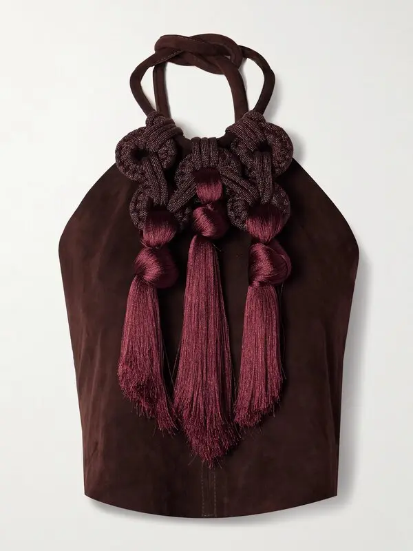 Johanna Ortiz Kell Cropped Tasseled Suede Halterneck Top - Brown