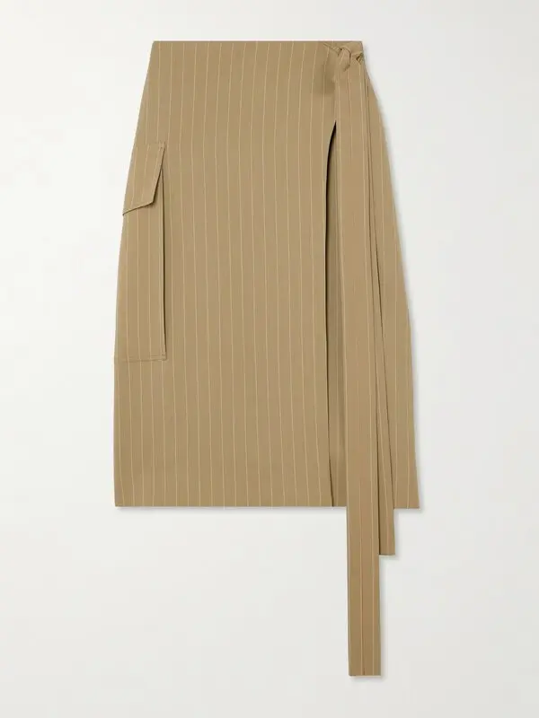 Victoria Beckham Tie-detailed Pinstriped Wool-twill Midi Wrap Skirt - Neutrals
